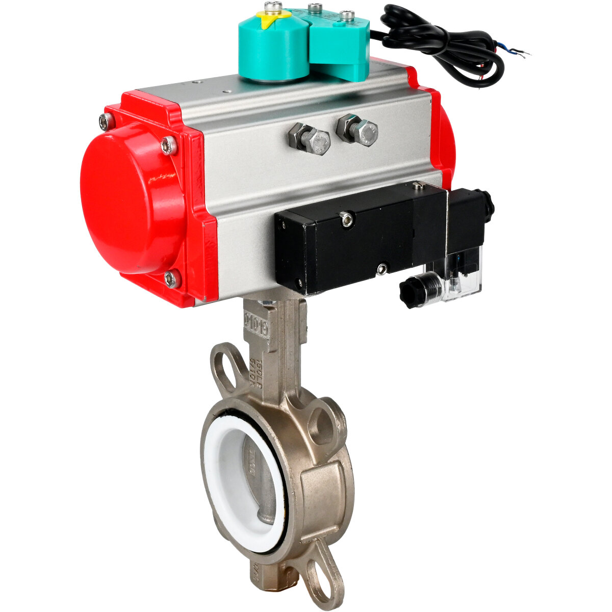 Затвор дисковый поворотный DN. ru 304-304-PTFE-2W-Fb-H Ду80 Ру16 корпус - нерж. сталь 304, диск - нерж. сталь 304, уплотнение - PTFE, с пн. приводом DA-083, пн. распределителем PND2-S1EM-52-1NC-J08-24VDC и магнитным переключателем МППП-200