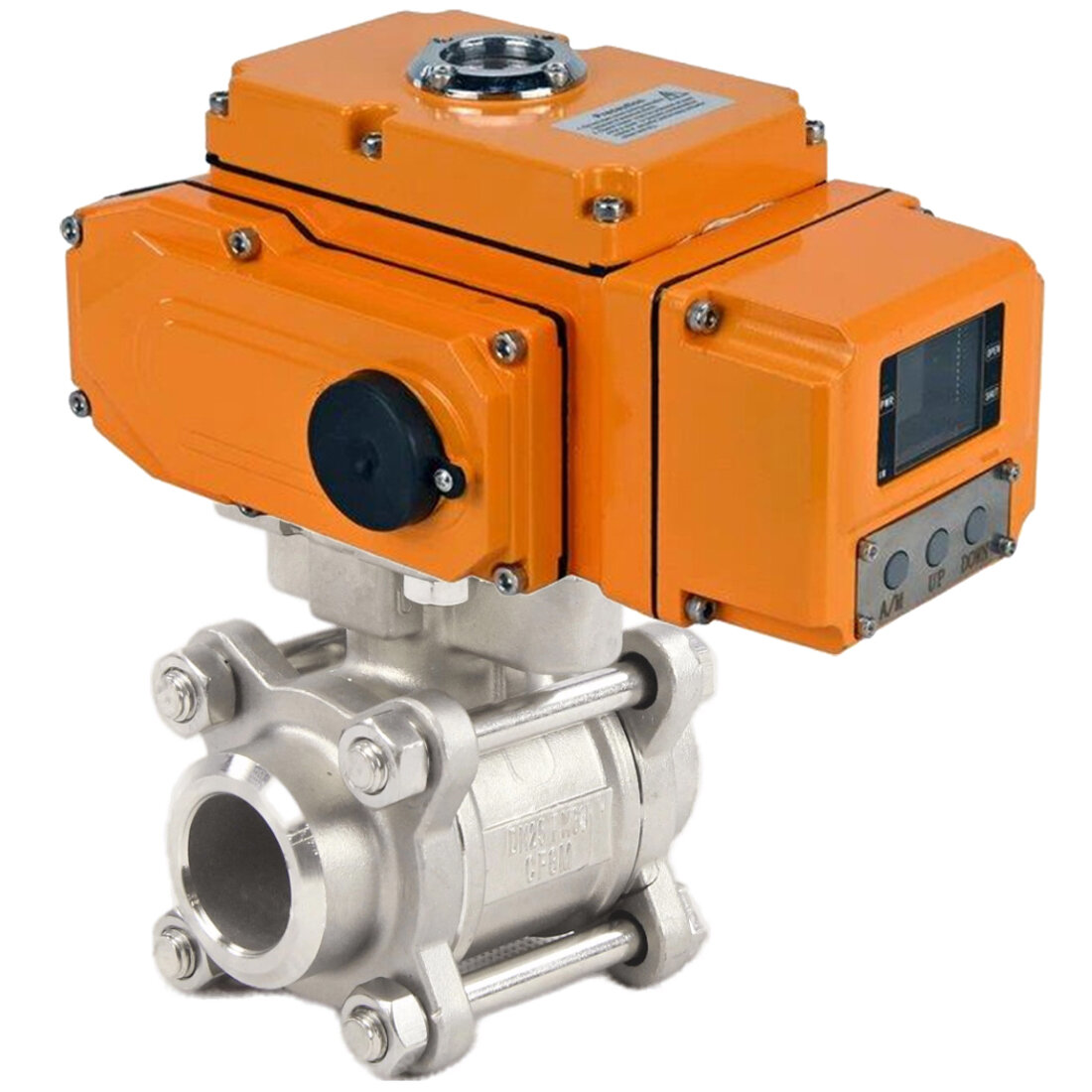 Кран шаровой DN.ru кшпп 316.200-ISO Ду100 Ру25, полнопроходной под приварку, нержавеющая сталь SS316, уплотнение - PTFE, с электроприводом четвертьоборотным DN. ru QT-015-220-0-10В HARK (опрессовано)