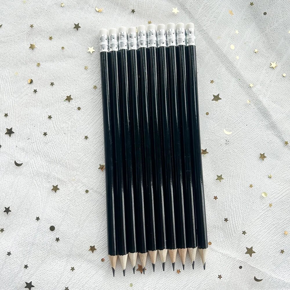 10 шт, новинка, дерево, черная искусственная кожа, милые канцелярские принадлежности, Серебряный карандаш с ластиком, школьные принадлежности, канцелярские принадлежности, Школьные Аксессуары