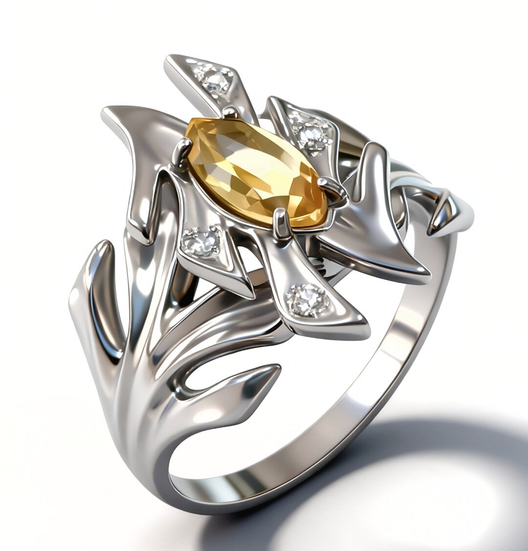 Перстень, серебро, 925 проба, родирование, фианит, цитрин