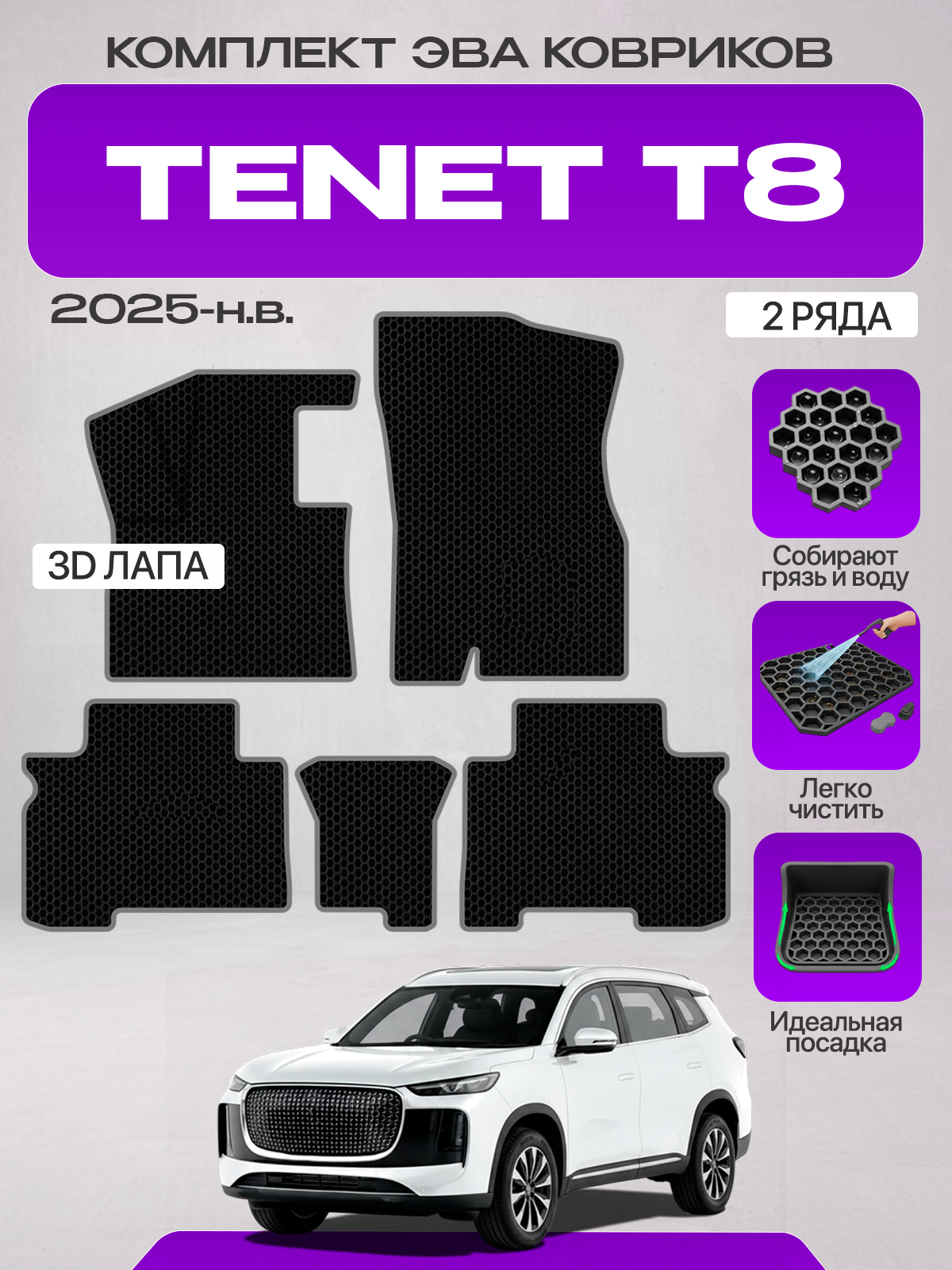 Эва коврики для TENET T8 2025-н. в. Левый руль, черный с серым кантом( Тенет Т8; Тэнэт 8 ) Ева, Eva