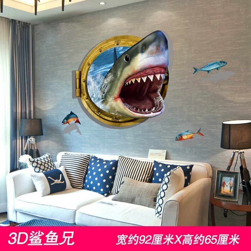 3D наклейка с братом-акулой, самоклеящаяся декорация для спальни или общежития, уникальная морская тема