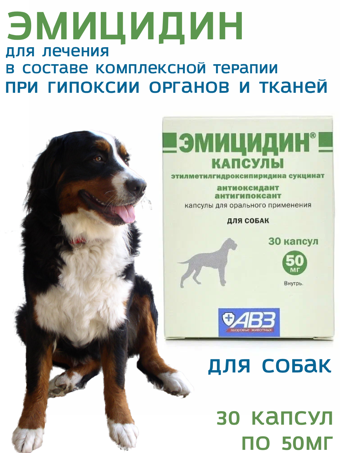 Эмицидин, антиоксидантный препарат для собак, 50мг, 30 капсул