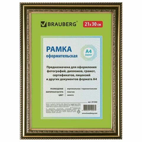 Рамка 21*30см, пластик, багет 30 мм, BRAUBERG HIT4, золото, стекло, 391000