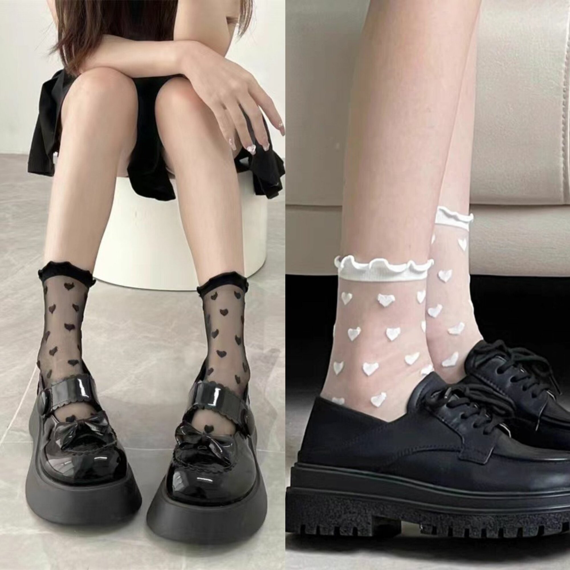 Белые носки JK для женщин, японский стиль, кружевные, лолита, короткие носки с сердечками, весна-лето, тонкие, прозрачные, с рюшами
