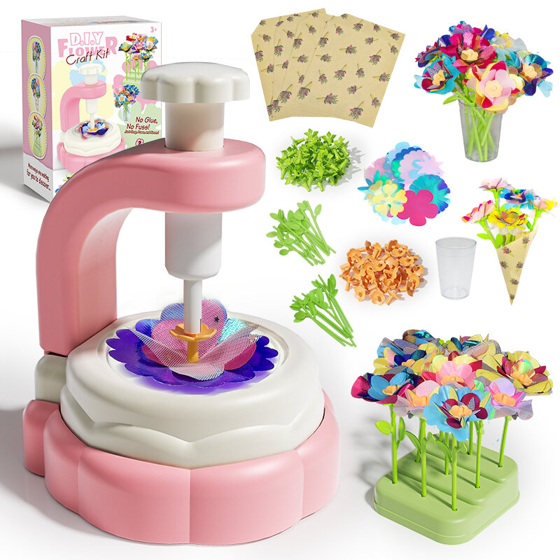 DIY Craft Kit Toy Hand Simulation Bouquet Making: Pink embossing machine, Colored petals*90, Flower stems*28 (14 large + 14 small), Green leaves, Patterned backing paper, Receptacle*28, Flower core*28, Transparent vase*1, Flower arrangement base*2,