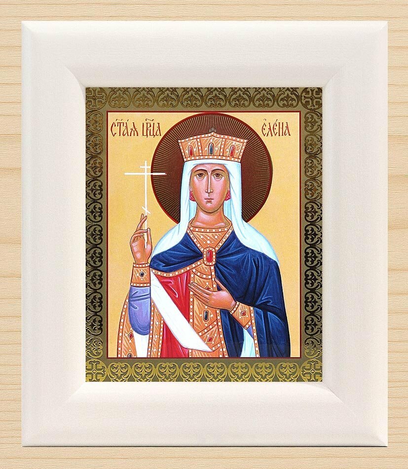 Равноапостольная царица Елена Константинопольская (лик № 005), икона в широкой белой деревянной рамке 14,5*16,5 см