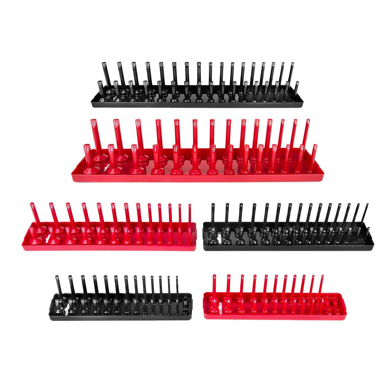 6PCS Подставка для хранения сокетов Black+Red, 1/4in, 3/8in, 1/2in Drive, глубинные и плоские крепления для сокетов, для инструментального ящика, ABS материал, вес упаковки 1100g, размер упаковки 560*210*100mm