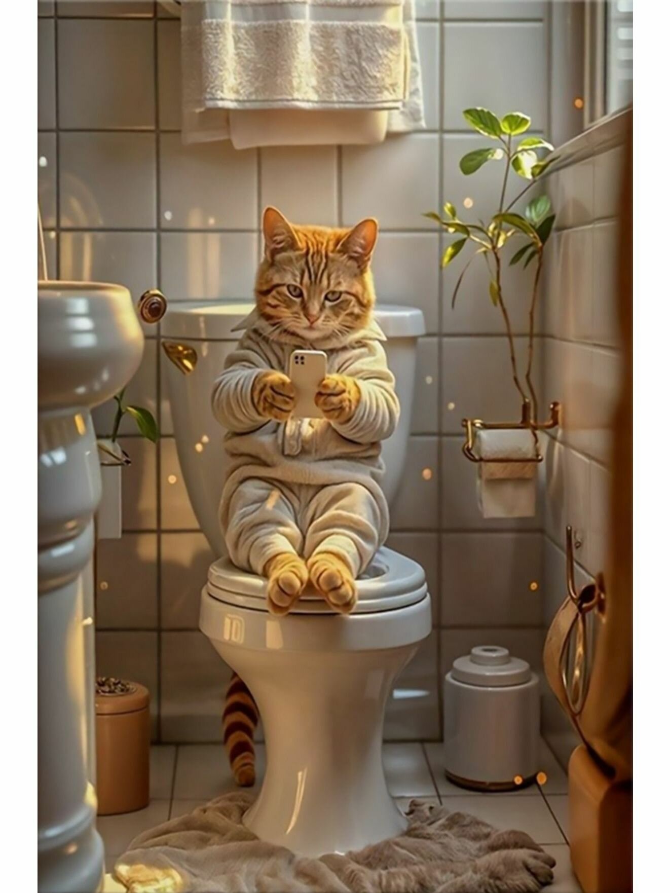 Кот на унитазе с телефоном: юморное украшение ванной