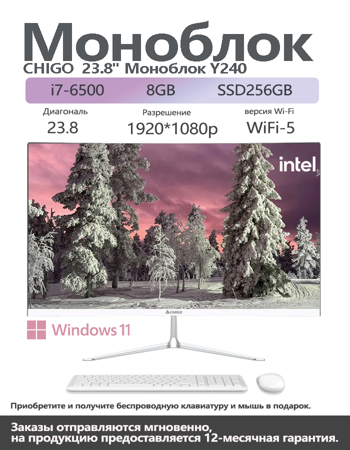 CHIGO 23.8" Моноблок Y240 (с изогнутым экраном+ Intel Core i5-6500 RAM 8ГБ, SSD 256 ГБ) (с клавиатурой, с мышкой) White