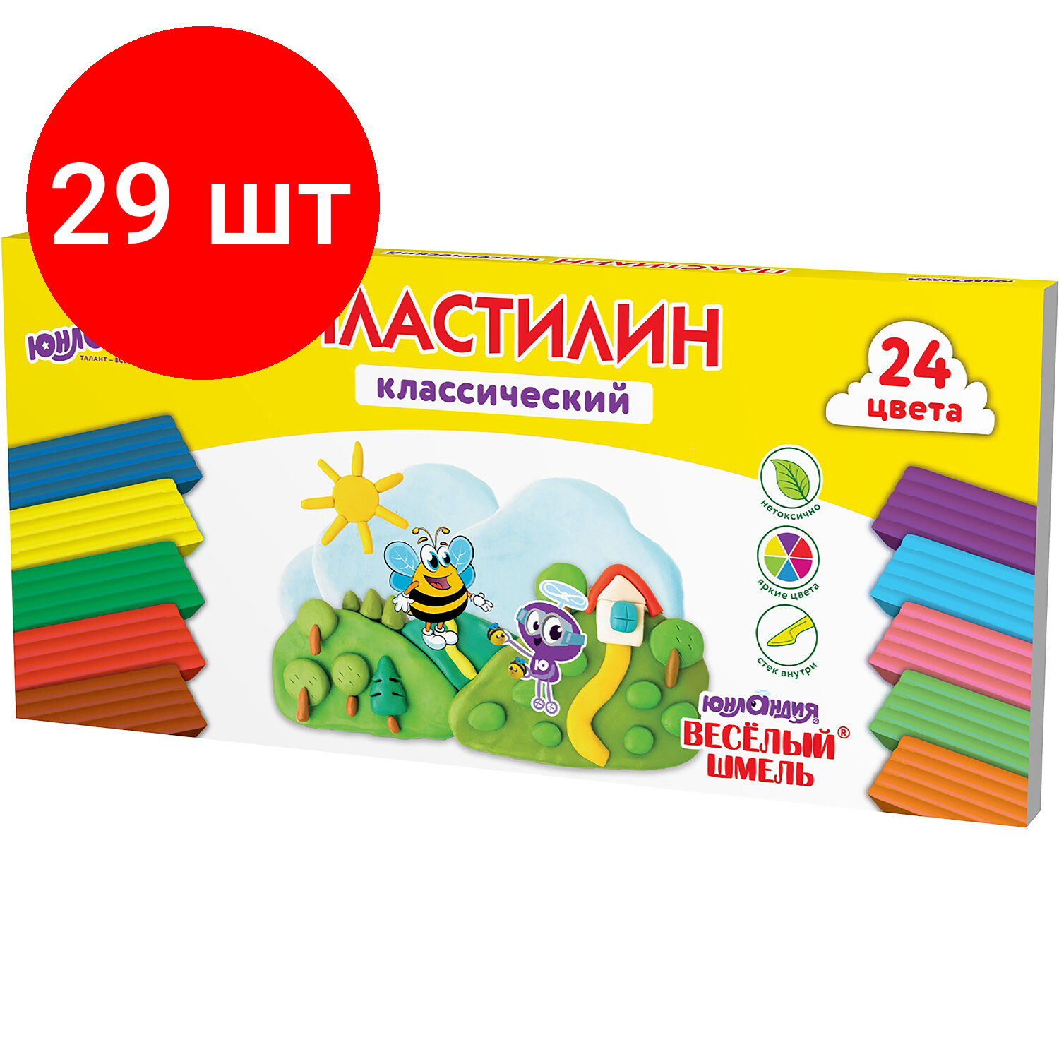 Комплект 29 шт, Пластилин классический юнландия "весёлый шмель", 24 цвета, 480 грамм, стек, высшее качество, 106433