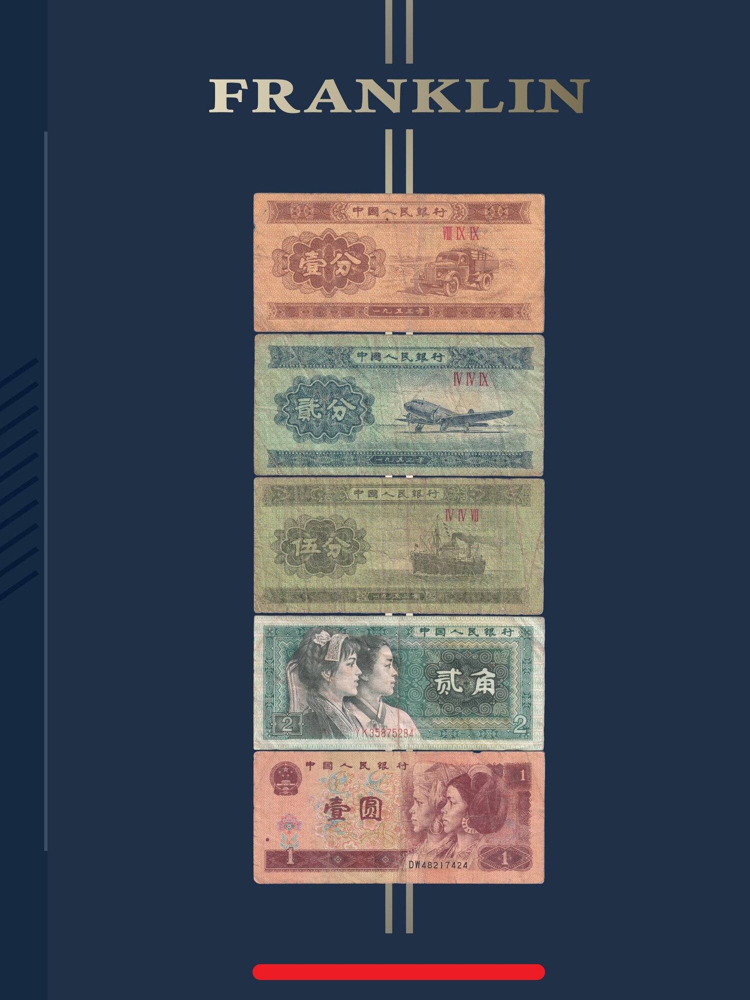 Набор Банкнот Китай 1 фэн, 2 фэн, 5 фэн 1953 год, 2 цзяо 1980, 1 юань 1980 (1990, 1996)