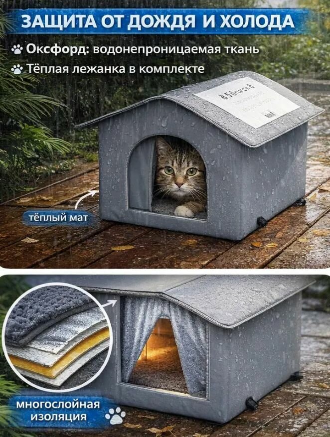 Домик для кошек уличный утеплённый, водонепроницаемый, с тёплой подушкой, для кошек и щенков