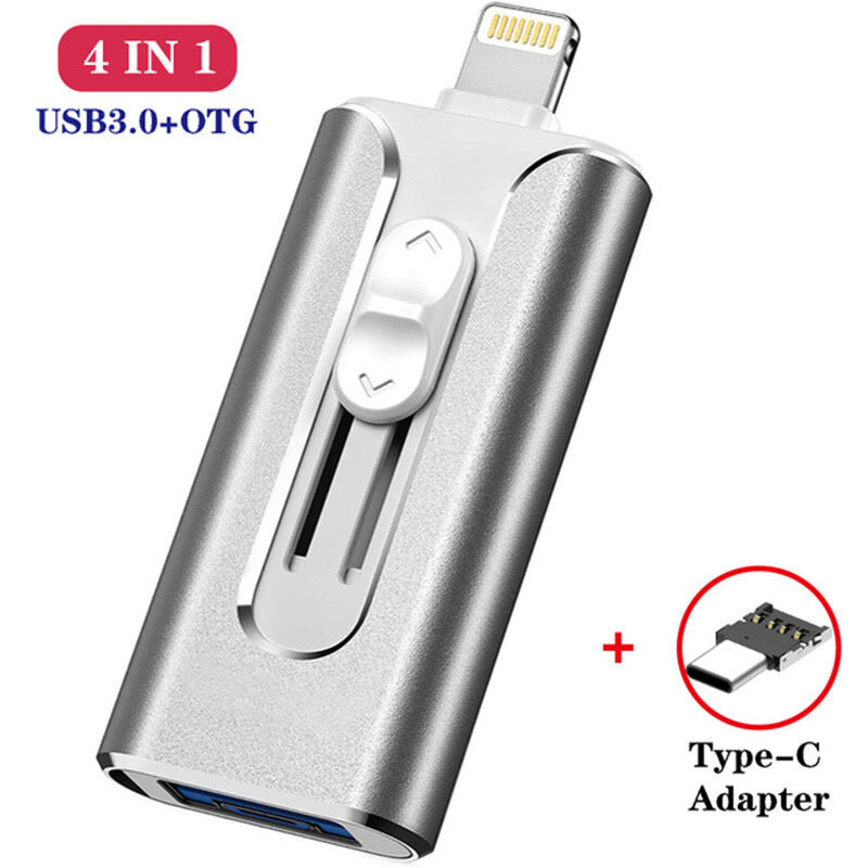 Серебристый 64 ГБ металлический OTG USB-накопитель для iPhone и Android, 3-в-1 складная конструкция, гравировка логотипа