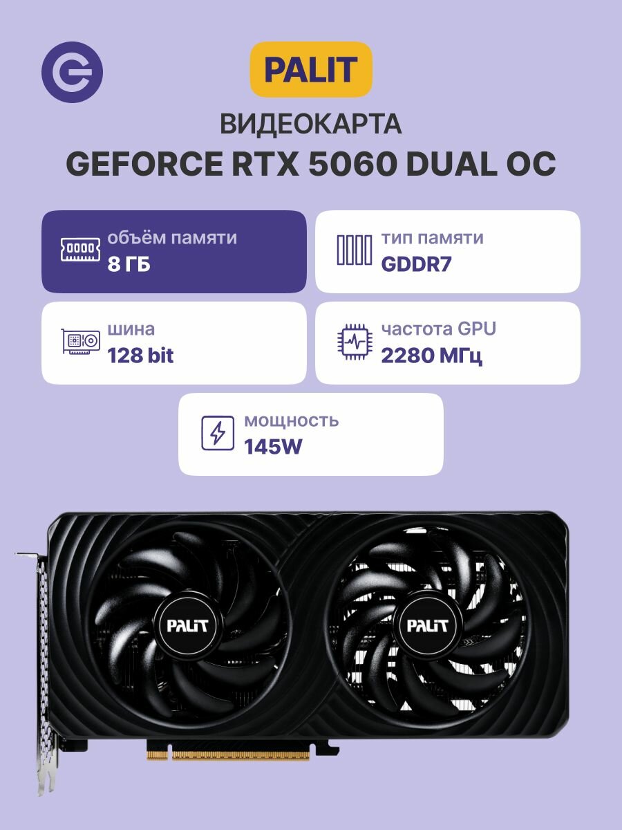 Видеокарта PALIT GeForce RTX 5060 Dual OC 8Gb (NE75060S19P1-GB2063D), 8ГБ GDDR7, 128 bit, PCI-E 5.0, черная