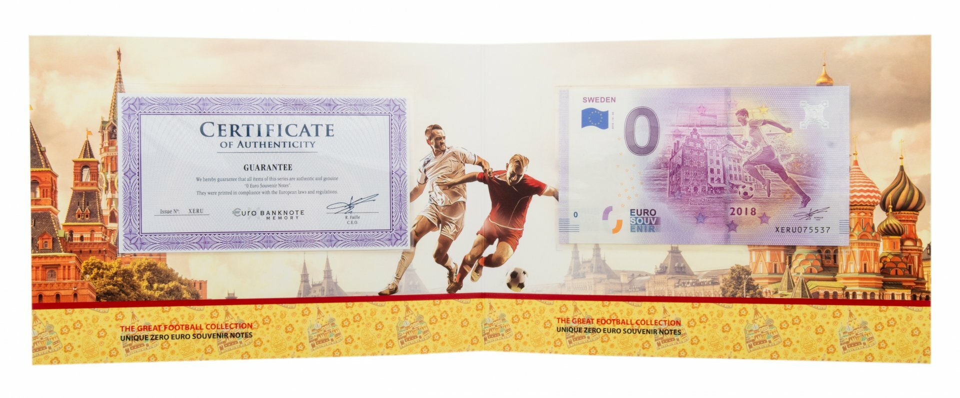 0 евро 2018 года - Чемпионат мира по футболу Страна - Швеция в буклете с сертификатом UNC