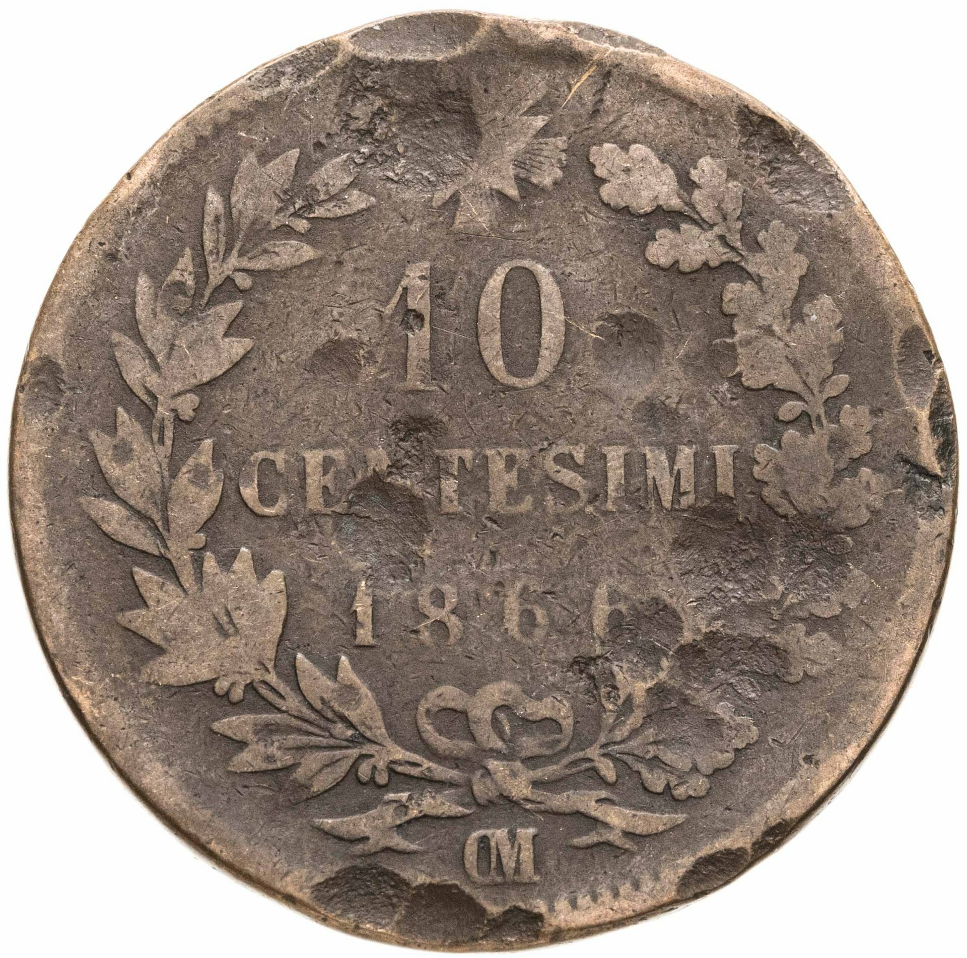 Италия 10 чентезимо centesimi 1866-1867, Медь, в сохранности F