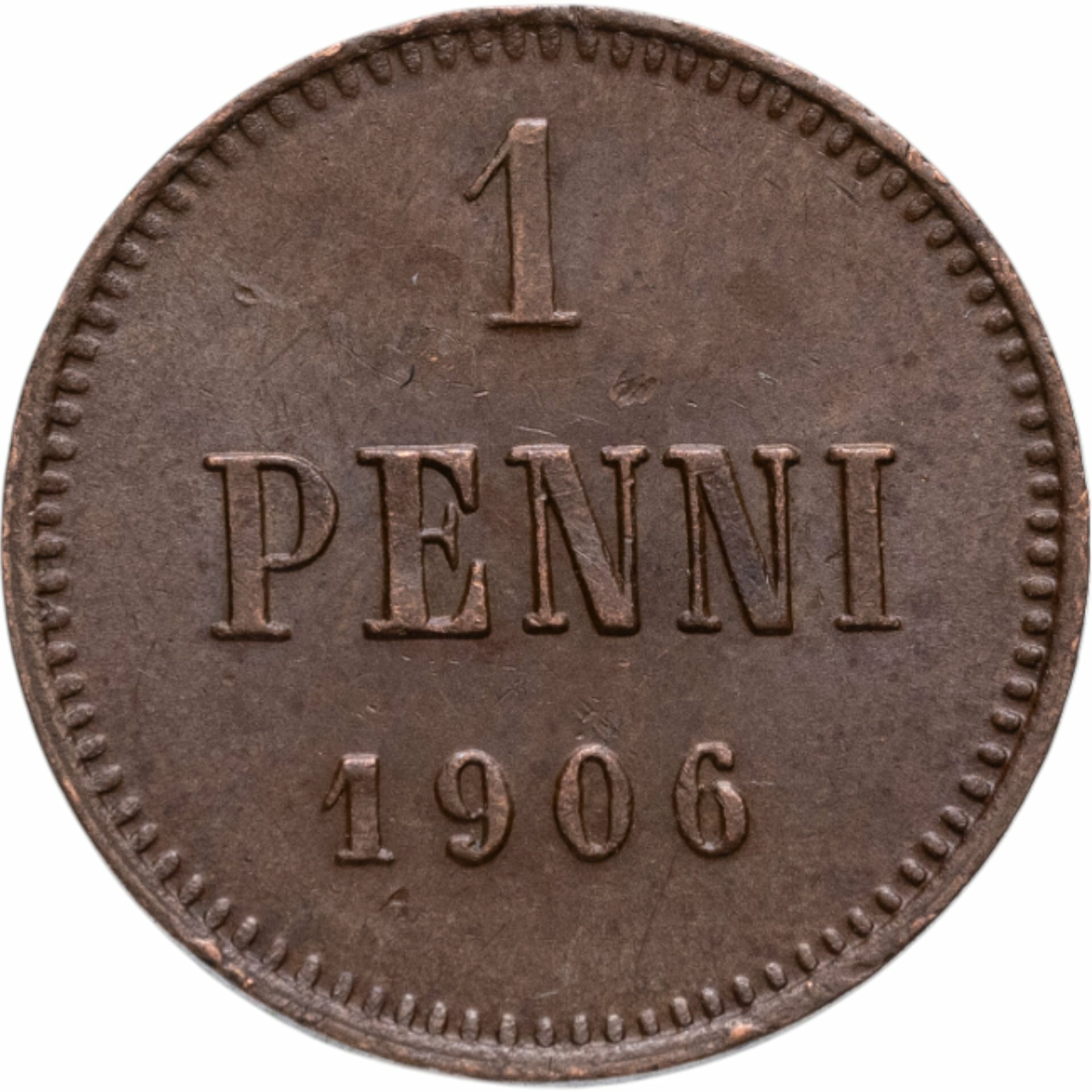 1 пенни penni 1906, монета для Финляндии, Медь, в сохранности XF-AU