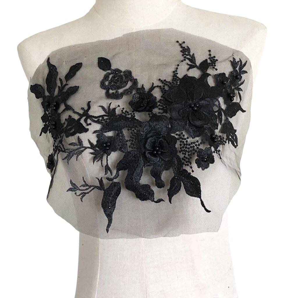 Трехмерная ткань для вышивания сетки горячим сверлением из бисера с цветочным рисунком-черный