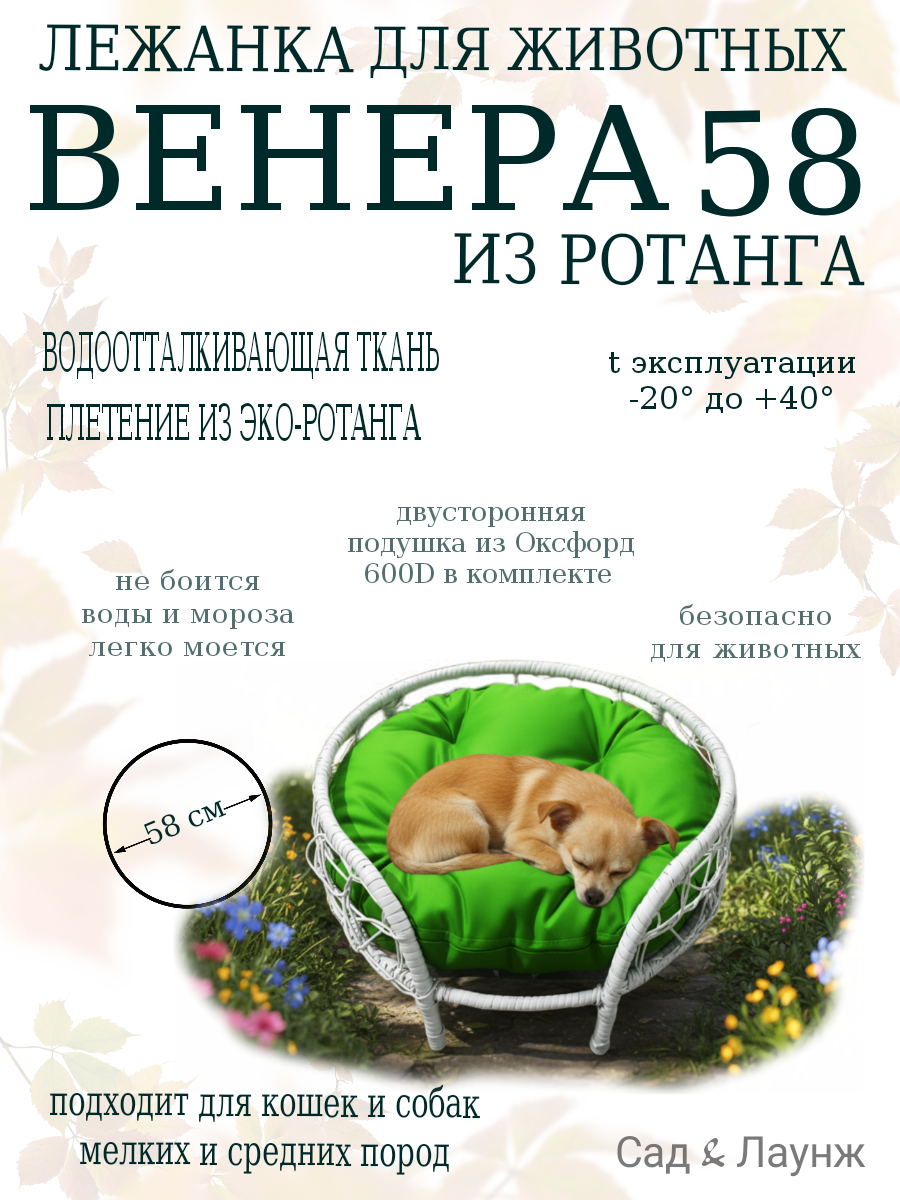 Лежанка «Венера Ø 58 см» для кошек и собак белая: ротанговое плетение, бортики, подушка зелёная