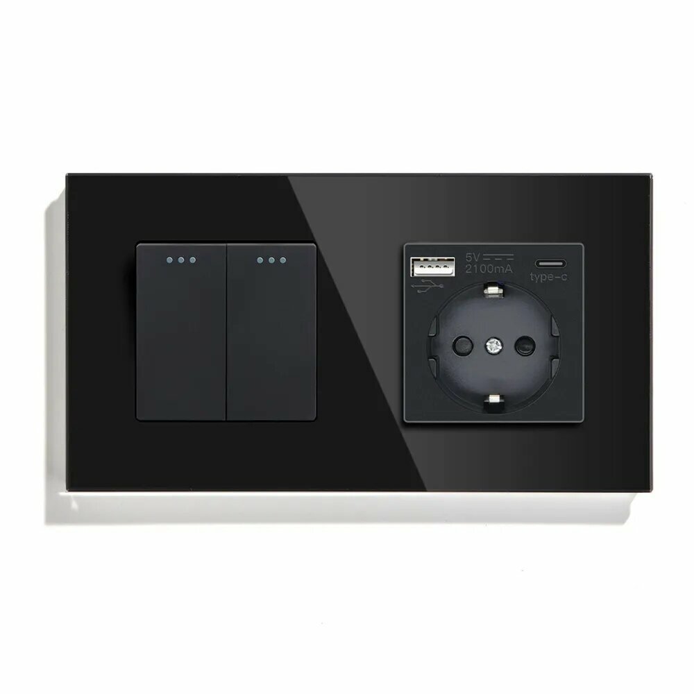 Выключатель двухклавишный с розеткой ,2 клавиша, 1 розетка с USB и type-C, рамка закаленное стекло Черная