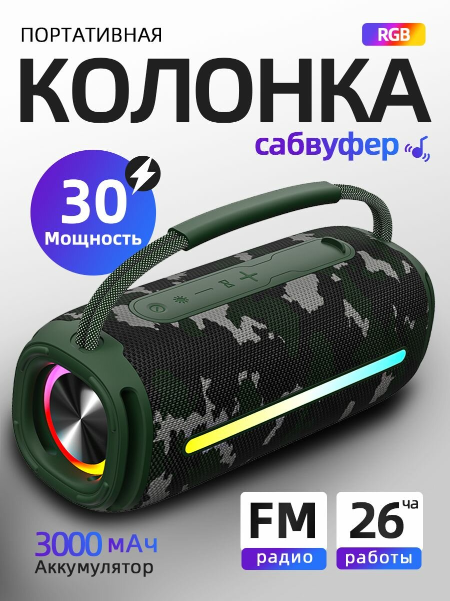 Беспроводная портативная колонка 30 Вт, Bluetooth 5.0, TWS, FM-радио, microSD/USB/AUX, аккумулятор