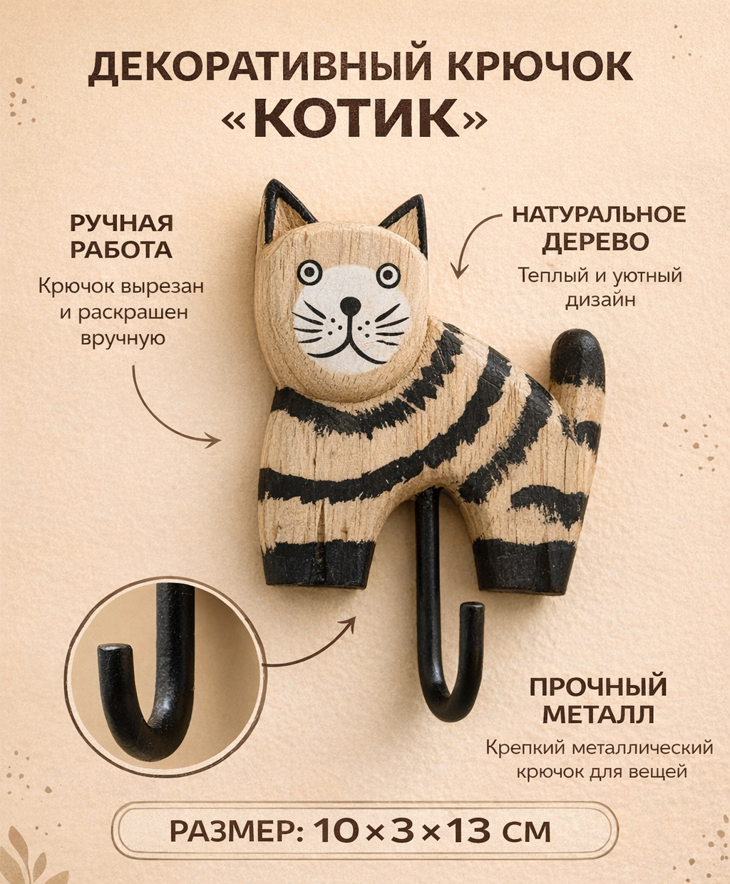Декоративный крючок "Котик" размер 10×3×13 см, цвет бежевый/чёрный