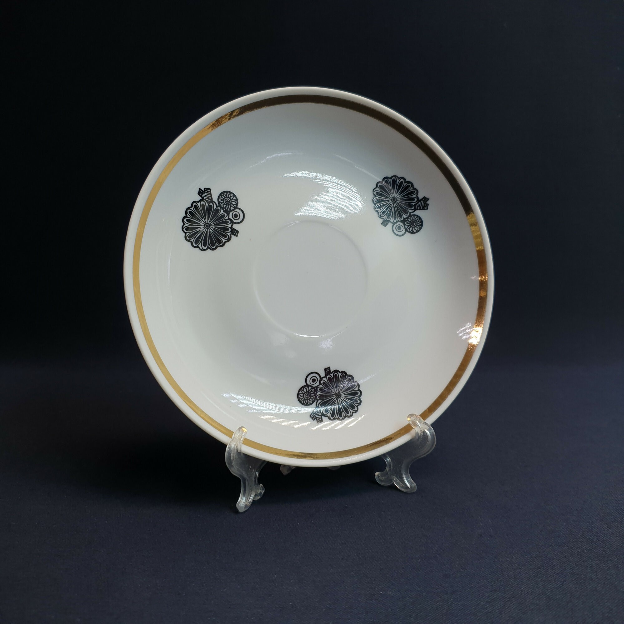 Блюдце гигант Дулево, фарфор деколь позолота 17 см, винтаж СССР