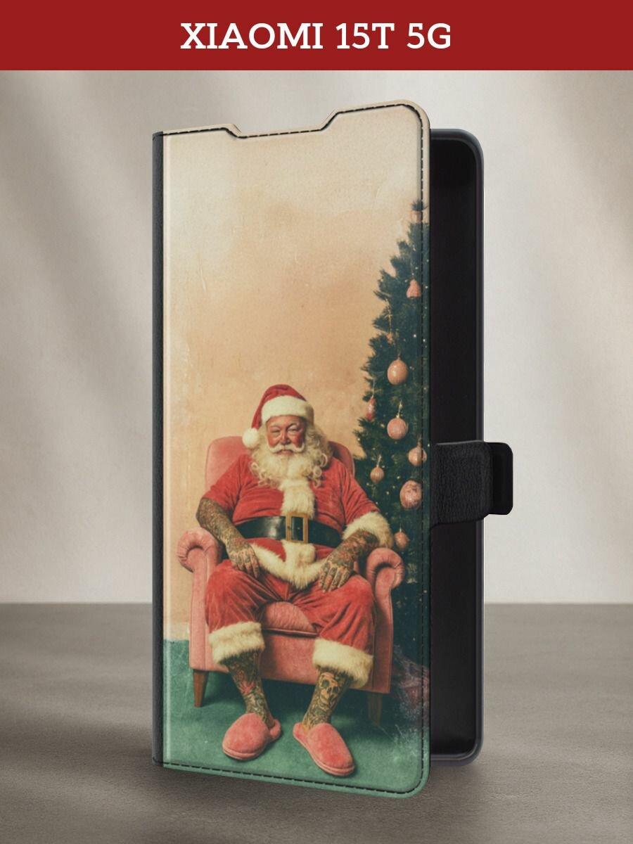 Чехол-книжка на Xiaomi 15T 5G / Сяоми 15Т 5G с принтом Крутой Дед-Мороз, черный