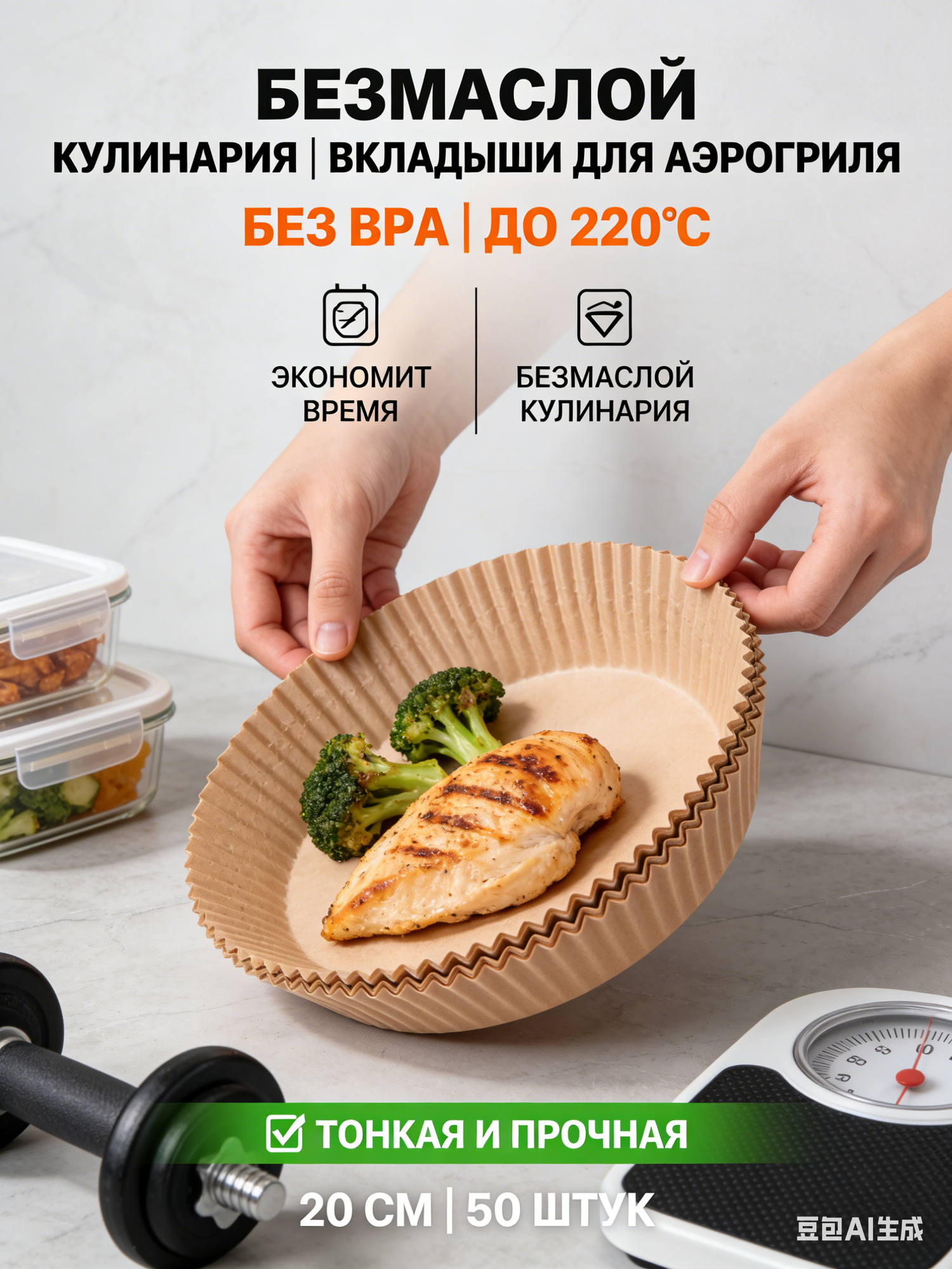 Формы для аэрогриля, бумага, антипригарное покрытие, круг 20 см/50 шт