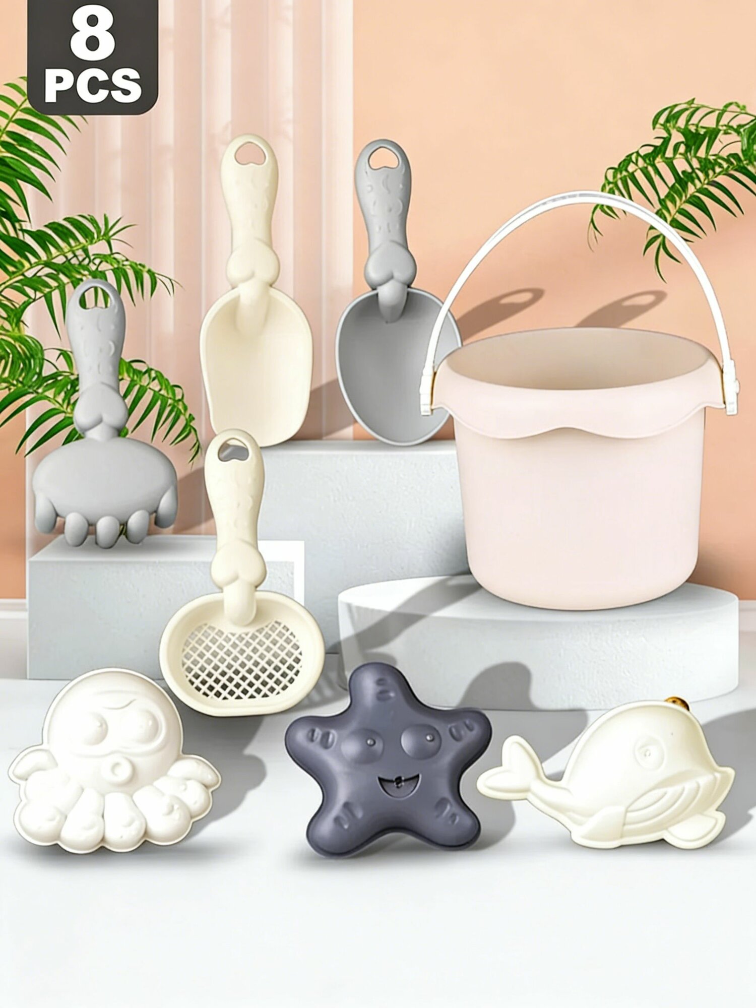 (1 комплект) Набор для песочницы, Большой Ведро,4 совок , 3 формочки