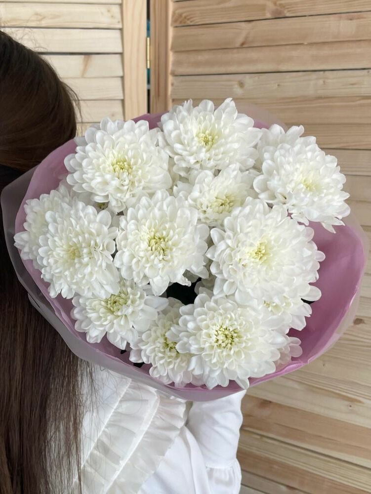 Букет "Белая ночь", хризантема, кустовая, 3 цветка, высота 60 см