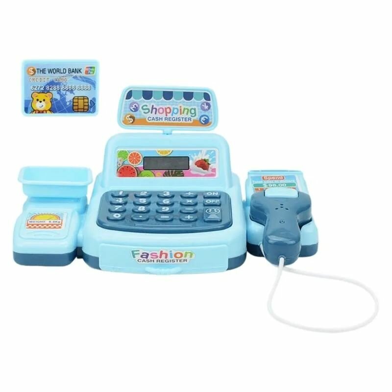 1 комплект игрушек для мини-кассы в супермаркете -большой синий кассовый аппарат со звуком и подсветкой