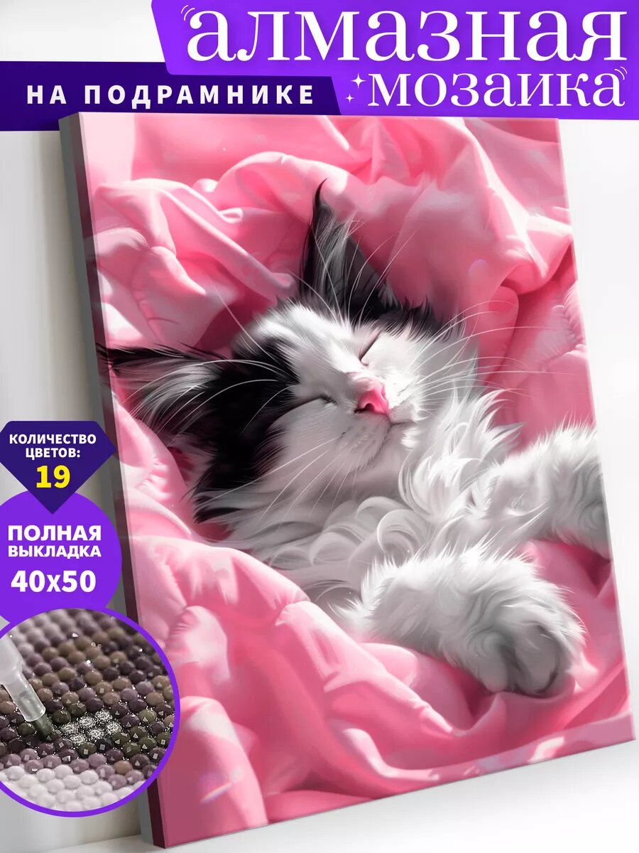 Кот в пледе Алмазная мозаика на подрамнике 40х50 см