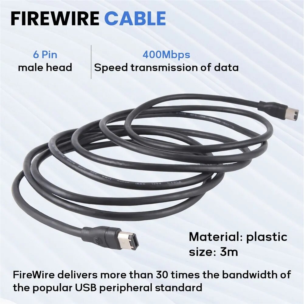 Черный кабель IEEE 1394 FireWire 400, 6-контактный штекер, 10 футов