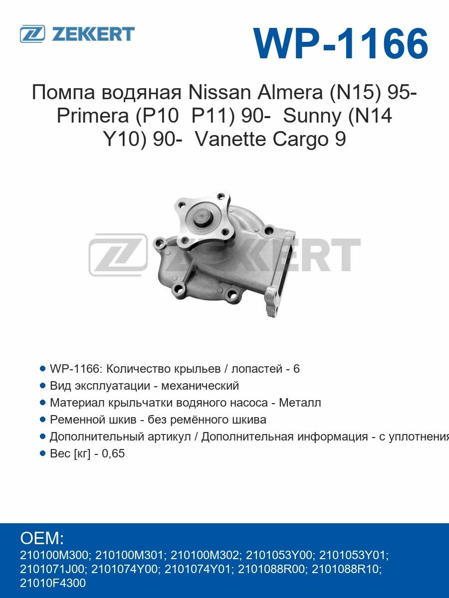 Zekkert Помпа водяная Nissan Almera (N15) с 1995 г. Primera (P10 P11) с 1990 г. Sunny (N14 Y10) с 1990 г. Vanette Cargo 9
