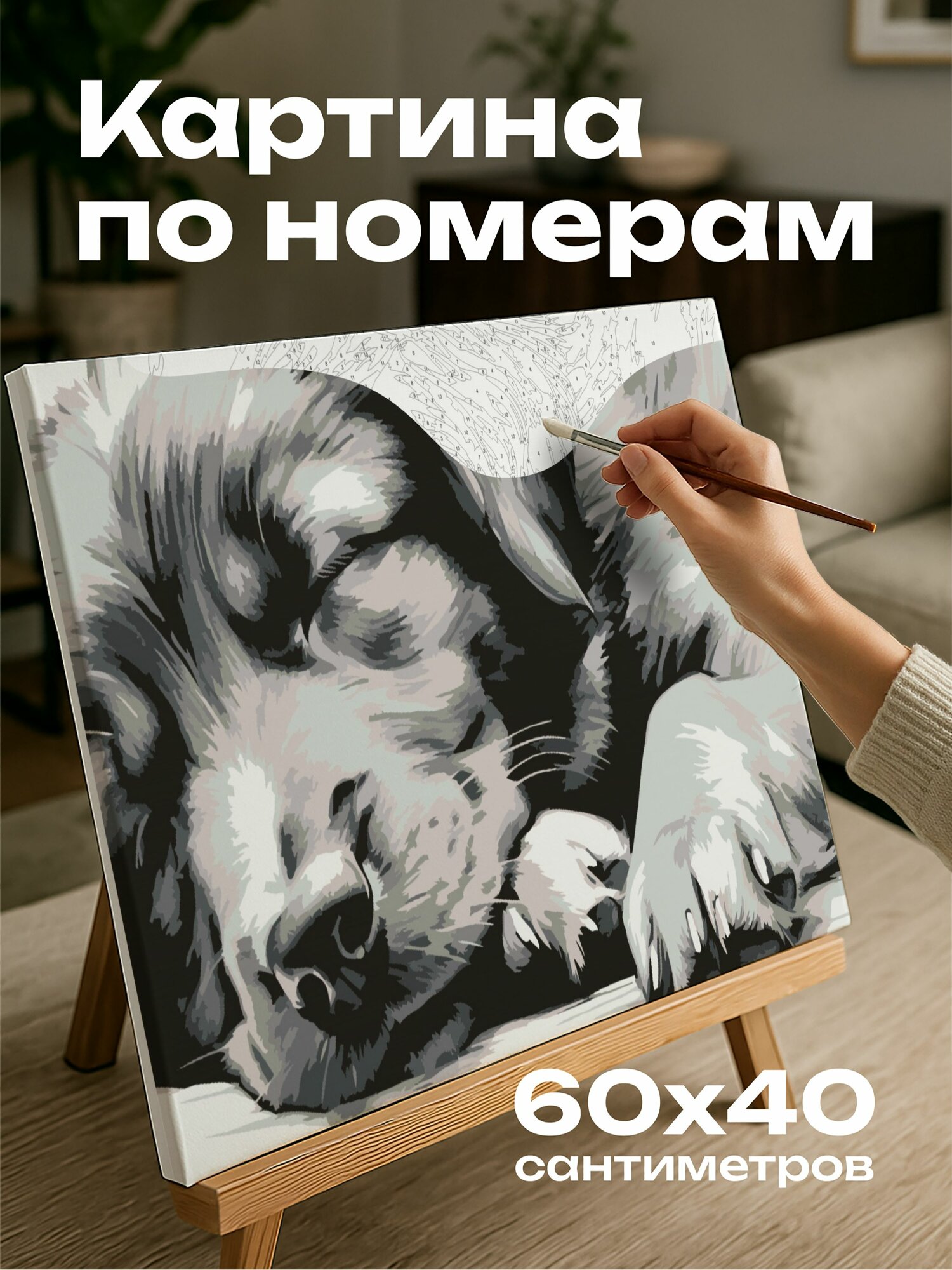 Картина по номерам 60x40 см, картина, набросок, уголь, собака, спящая, умиротворенность, сон, тонкие штрихи