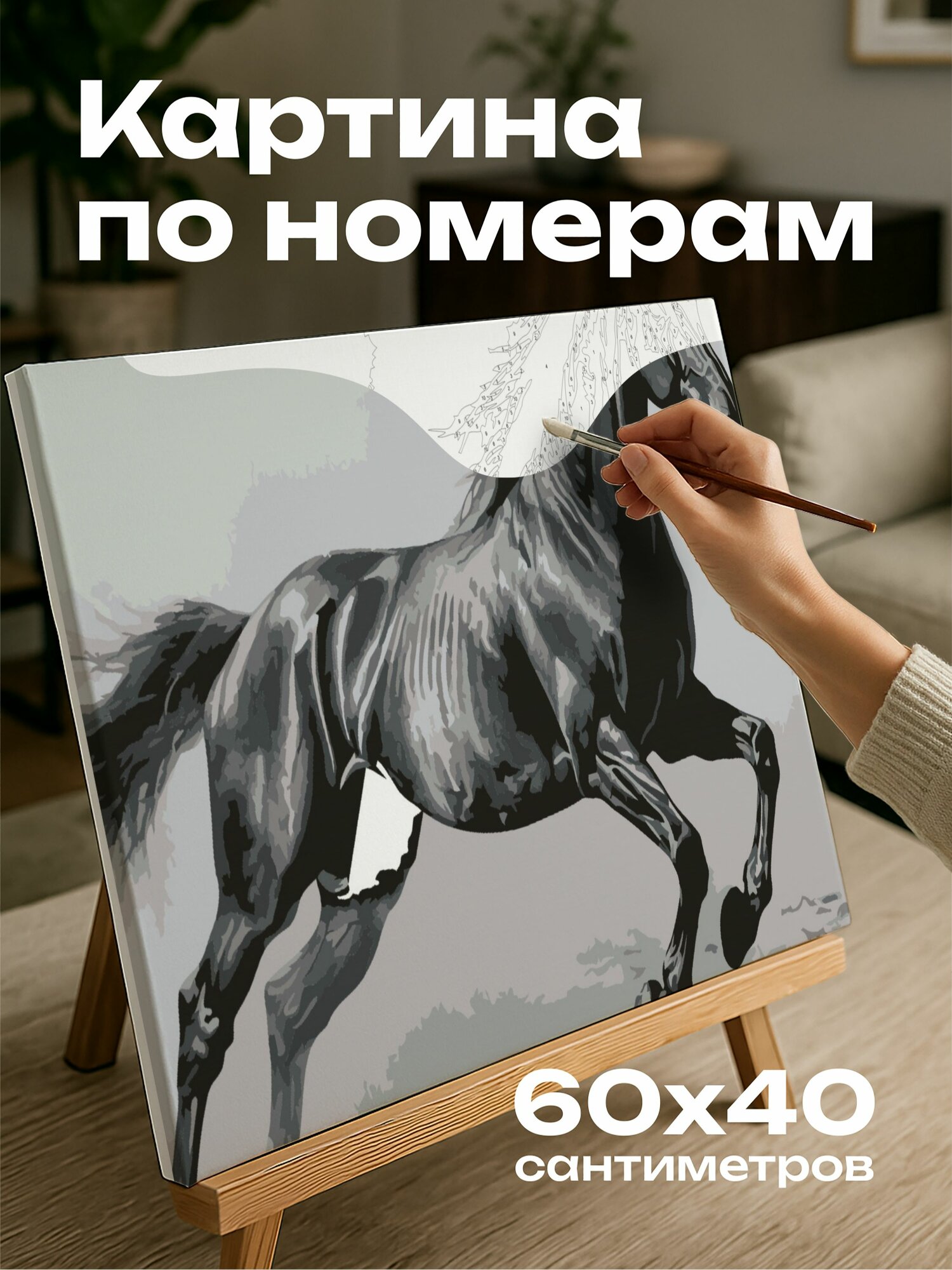 Картина по номерам 60x40 см, лошадь, уголь, арабская, поза, свет, тень, телосложение, контуры, пустыня, достоинство