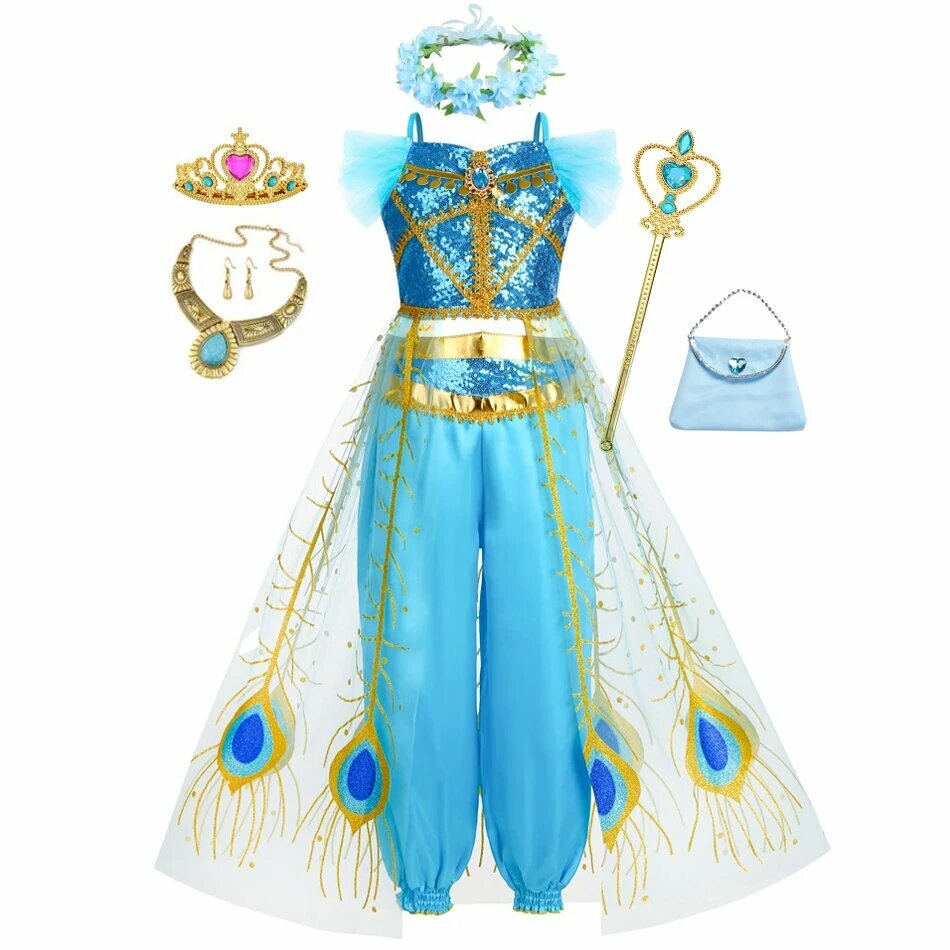 Костюм Жасмин для девочек, платье Аладдина, вечеринка по случаю дня рождения, косплей, фантазийная карнавальная одежда принцессы