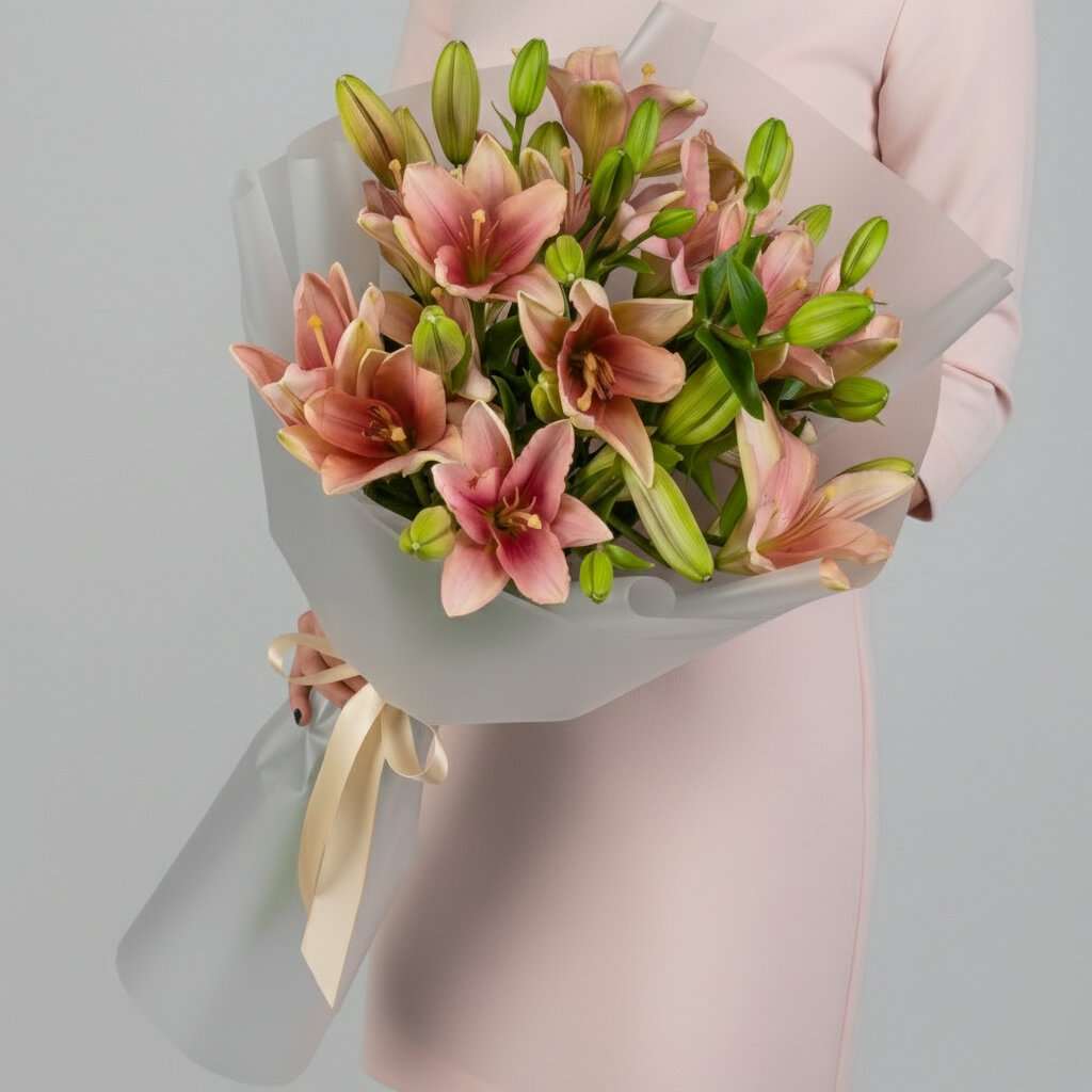 Букет Мегацвет24, лилии, розовые, 9 шт, дизайнерская упаковка