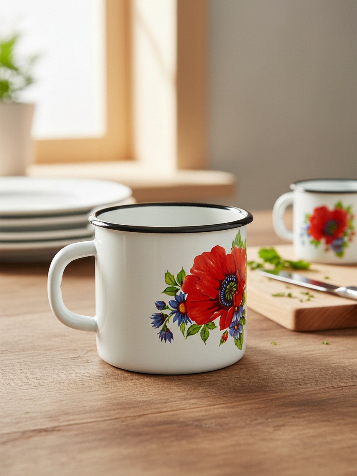 Кружка эмалированная стальная 400 мл Керченский металлургический завод, металлическая посуда с цветочным рисунком