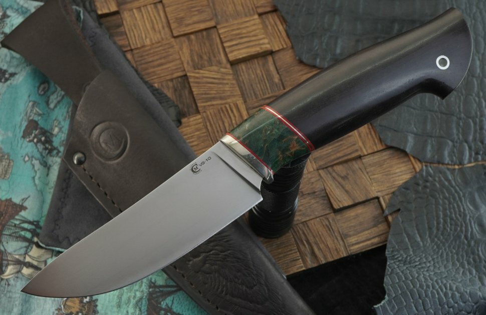 Мастерская Семина нож с фиксированным клинком Кайман, сталь VG-10, рукоять мельхиор, стабилизированная карельская береза, черное дерево