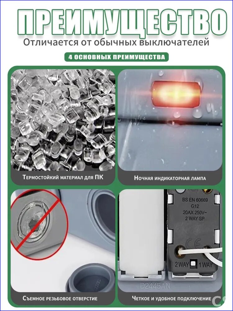 Выключатель влагозащищенный IP66 20A накладной двойной, одно открытое управление, ABS пластик, светло-серый — фото 1