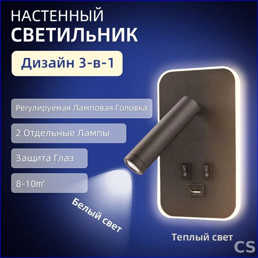 CANMEIJIA Настенный светильник 13Вт с выключателем, подсветкой и USB, 18.5*10.5*7.5 см, черный