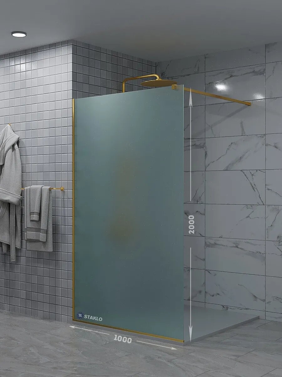 Душевая одиночная перегородка staklo 100x200 из обычного матового стекла золото фурнитура