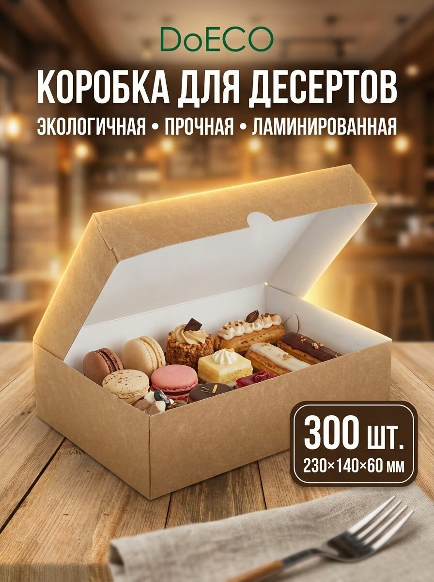 Коробка крафт пищевая DoECO контейнер одноразовый с крышкой, упаковка 230х140х60 мм, 300 шт.