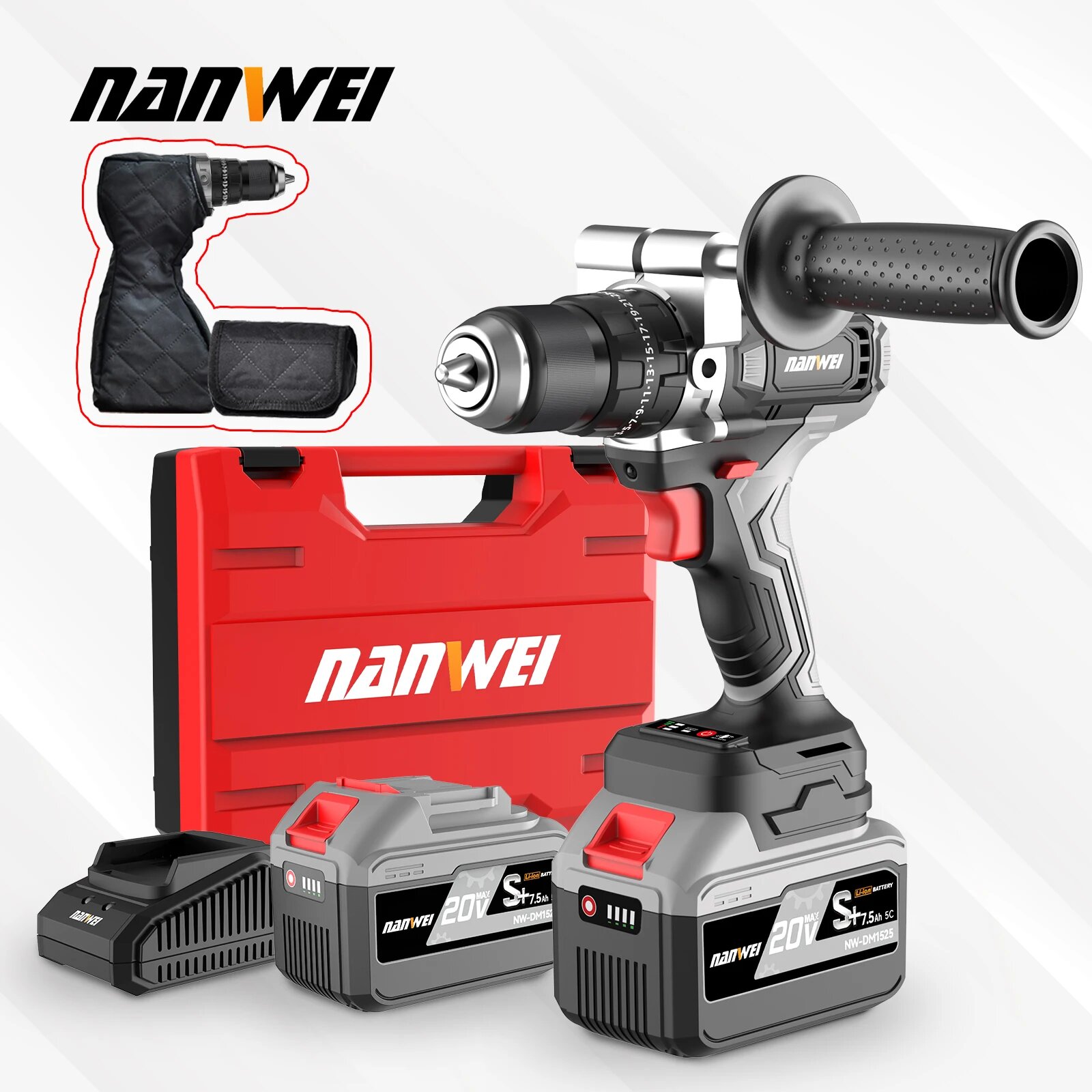 NANWEI Бесщёточная аккумуляторная дрель 20В 7.5AH 2 batteries B