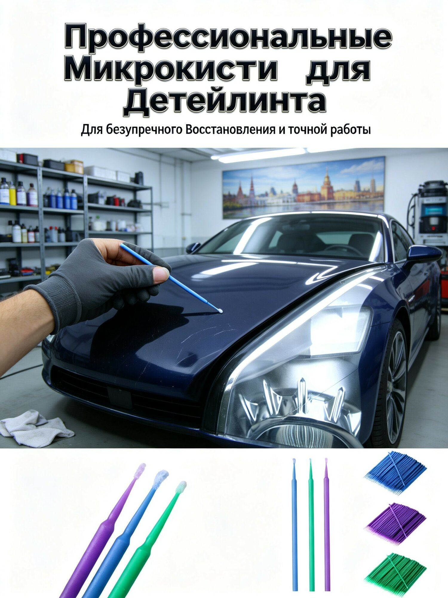 Кисть для детейлинга, набор 100 штук из пластмассы длина 10 см с портативным контейнером для ремонта автомобильных лаков и детальной отделки