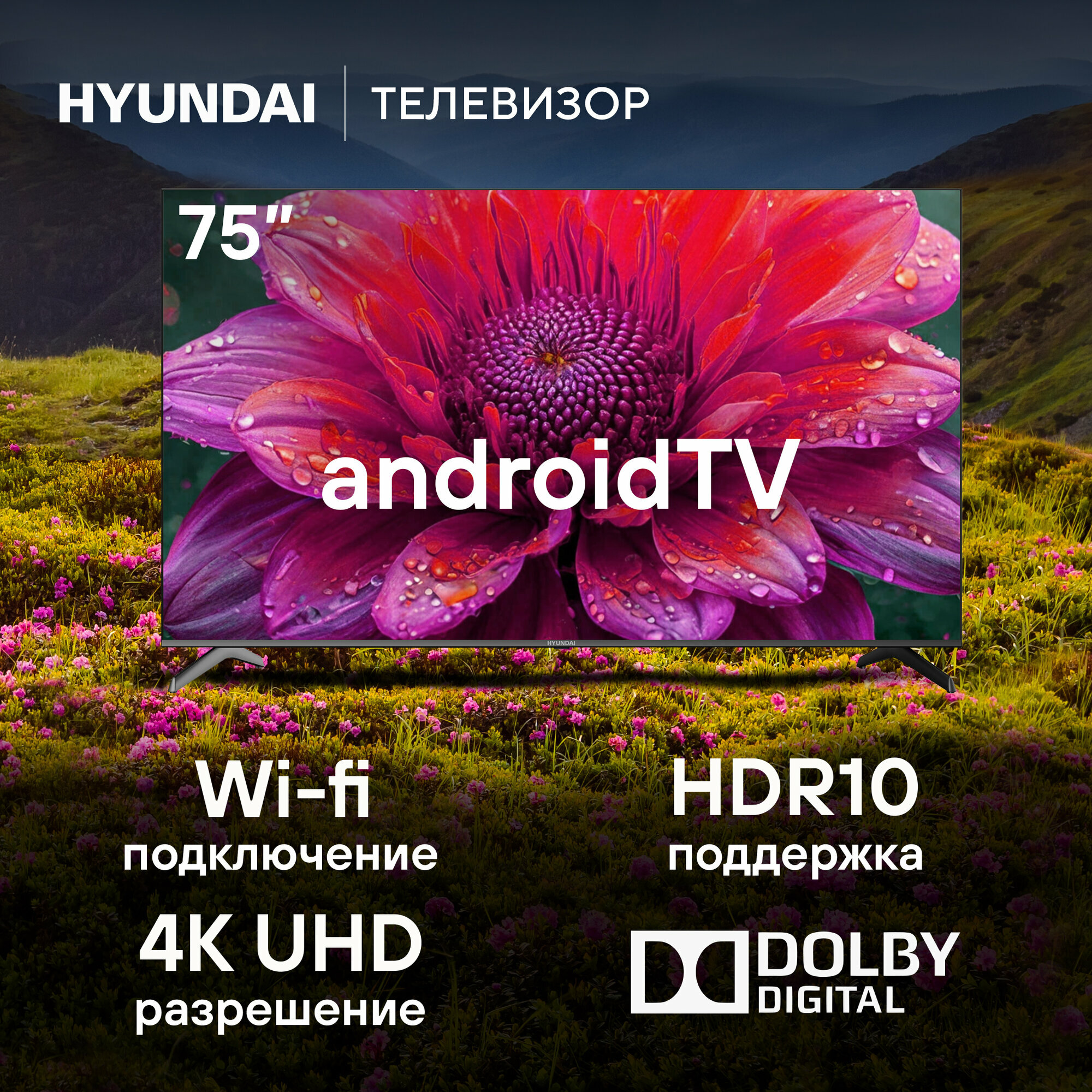 75" Телевизор Hyundai H-LED75BU7006, 4K Ultra HD, черный, смарт ТВ, Android TV