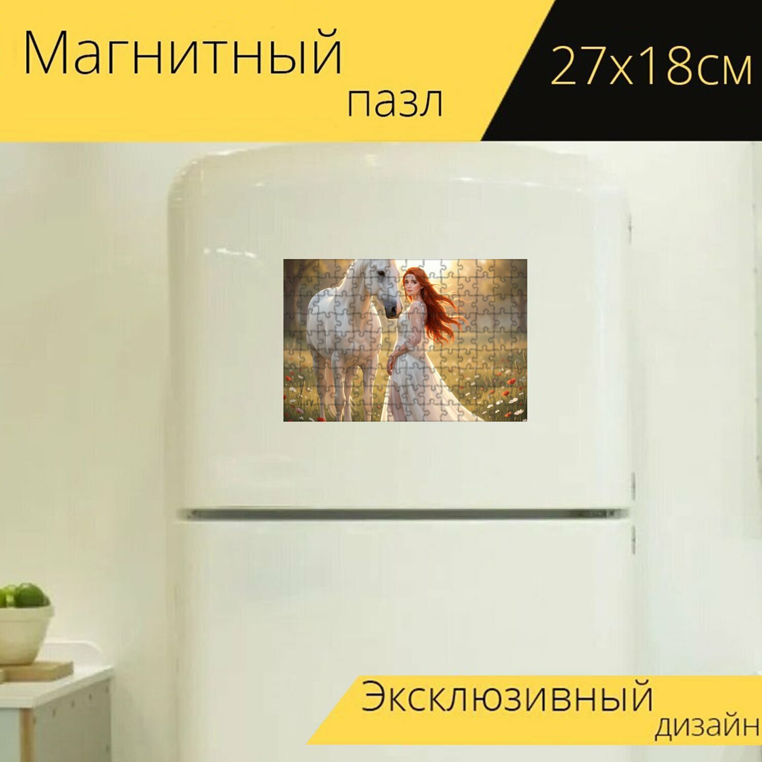 Магнитный пазл "Девушка с белой лошадью. Романтичная рыжеволосая красавица в воздушном светлом платье рядом с породистым конем на цветущем лугу." на холодильник 27 x 18 см.